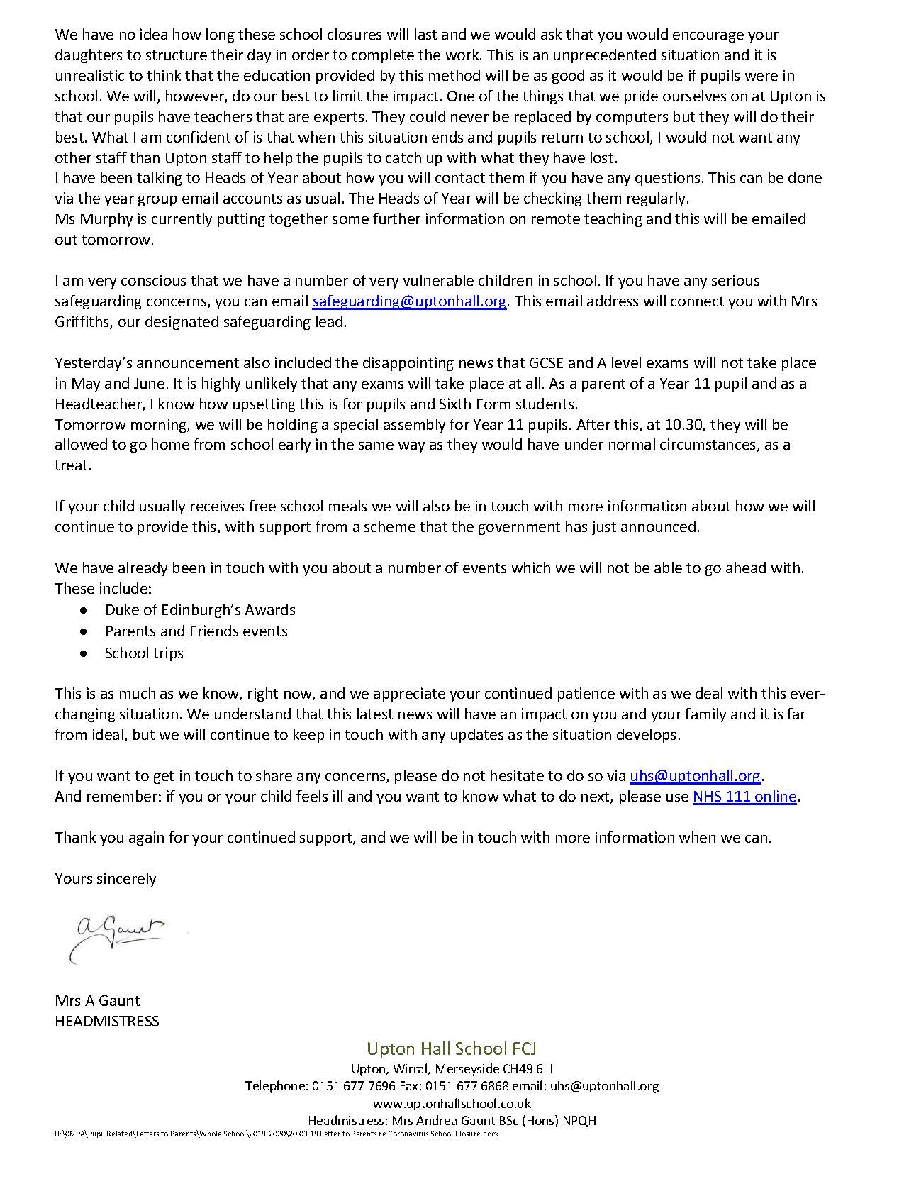 Upton Hall School - School Closure Letter